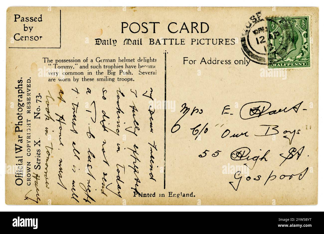Reverse of original WW1 era Daily Mail postcard , postmarked / dated 12 April 1917 Stock Photo ...