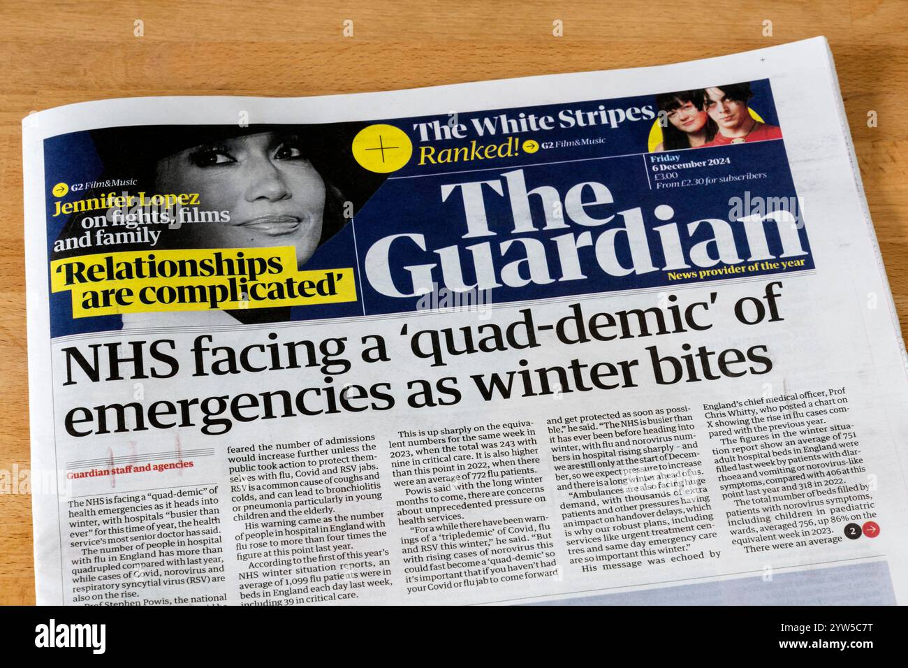6 December 2024. Front page headline in The Guardian is NHS facing a ...