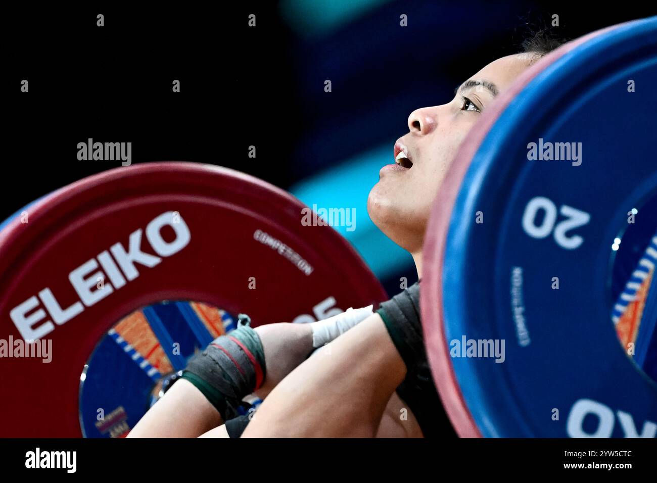 Chia-Chi Hu of Chinese Taipei competes in clean & jerk, in the 55 kg ...