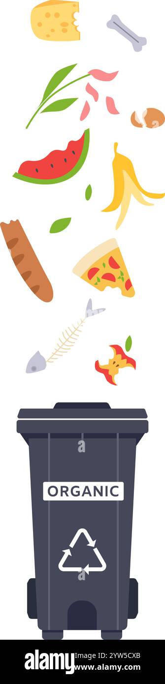 Different types of organic food waste are falling into a gray garbage ...