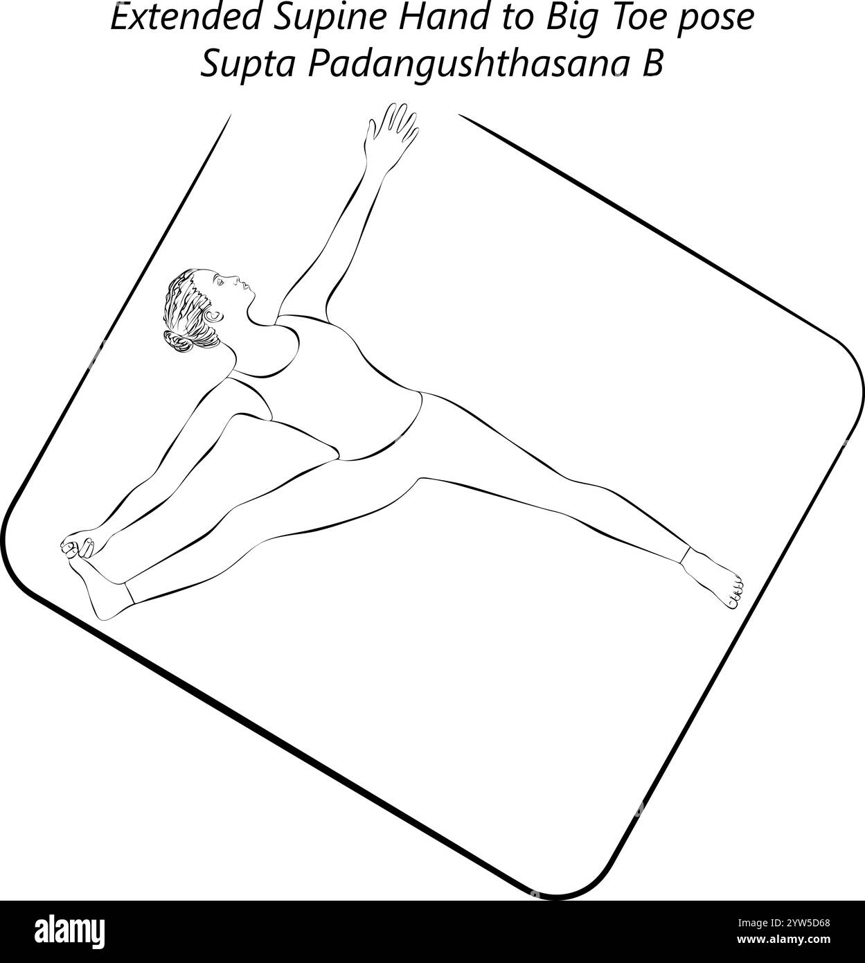 Sketch of young woman practicing Supta Padangushthasana B yoga pose ...