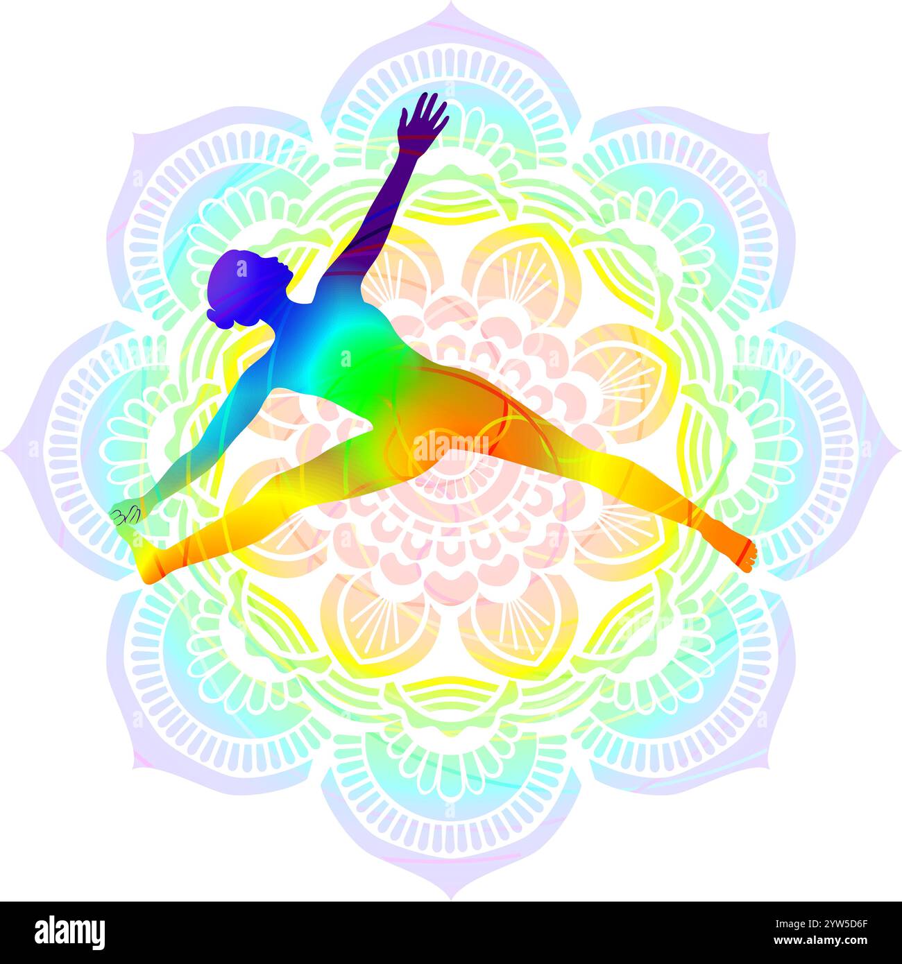 Colorful silhouette of woman practicing Supta Padangushthasana B yoga ...