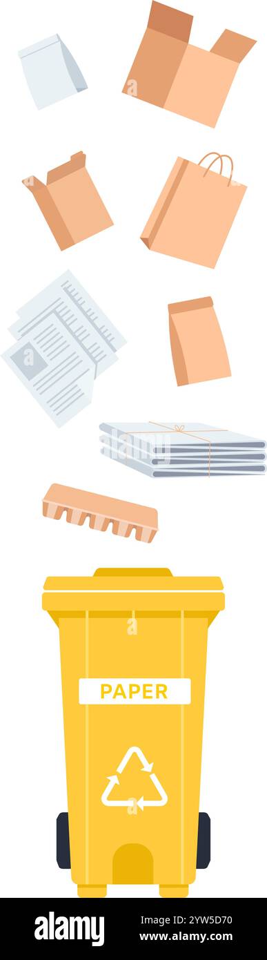 Different types of paper waste, including cardboard boxes, newspapers, and bags, falling into a ...