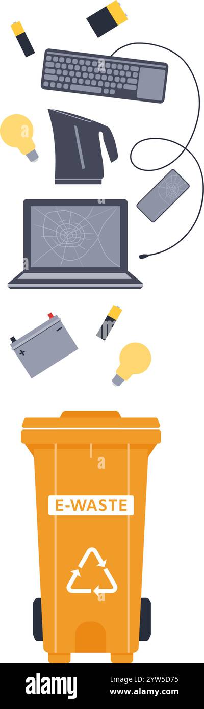 Broken laptop, keyboard, batteries, light bulbs, and electric kettle ...