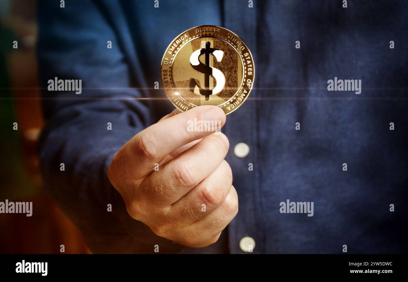 Dollar USD USA currency golden coin in hand abstract concept Stock ...