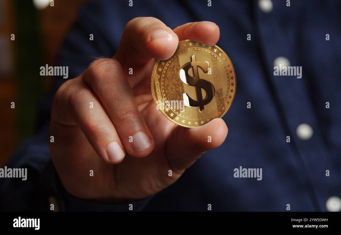 Dollar USD USA currency golden coin in hand abstract concept Stock ...