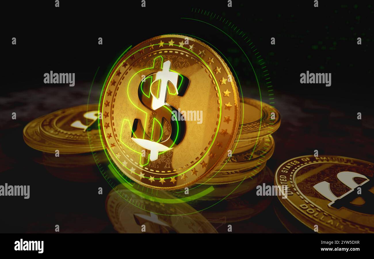 Dollar USD USA currency gold coin on green screen background. Abstract ...