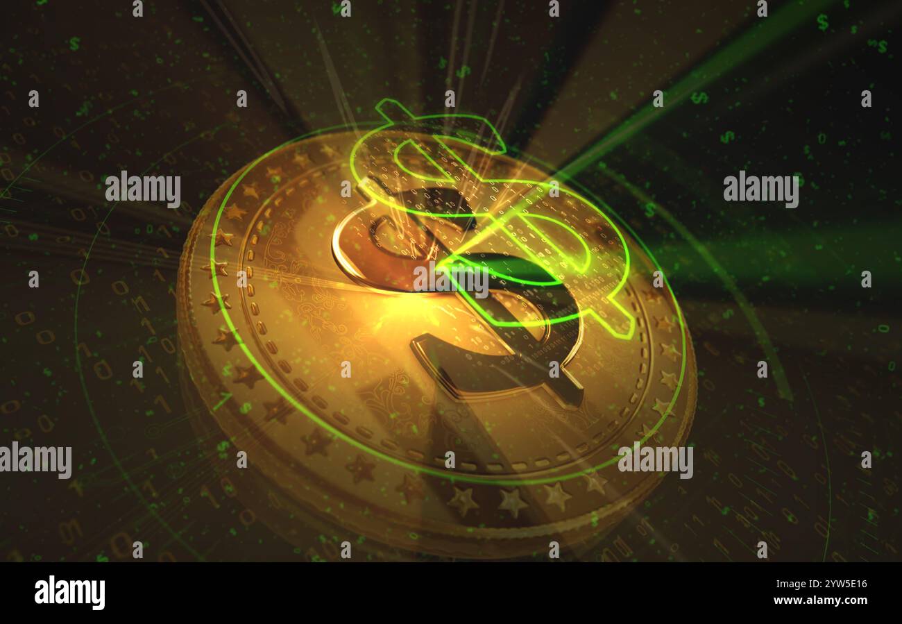 Dollar USD USA currency gold coin on green screen background. Abstract ...