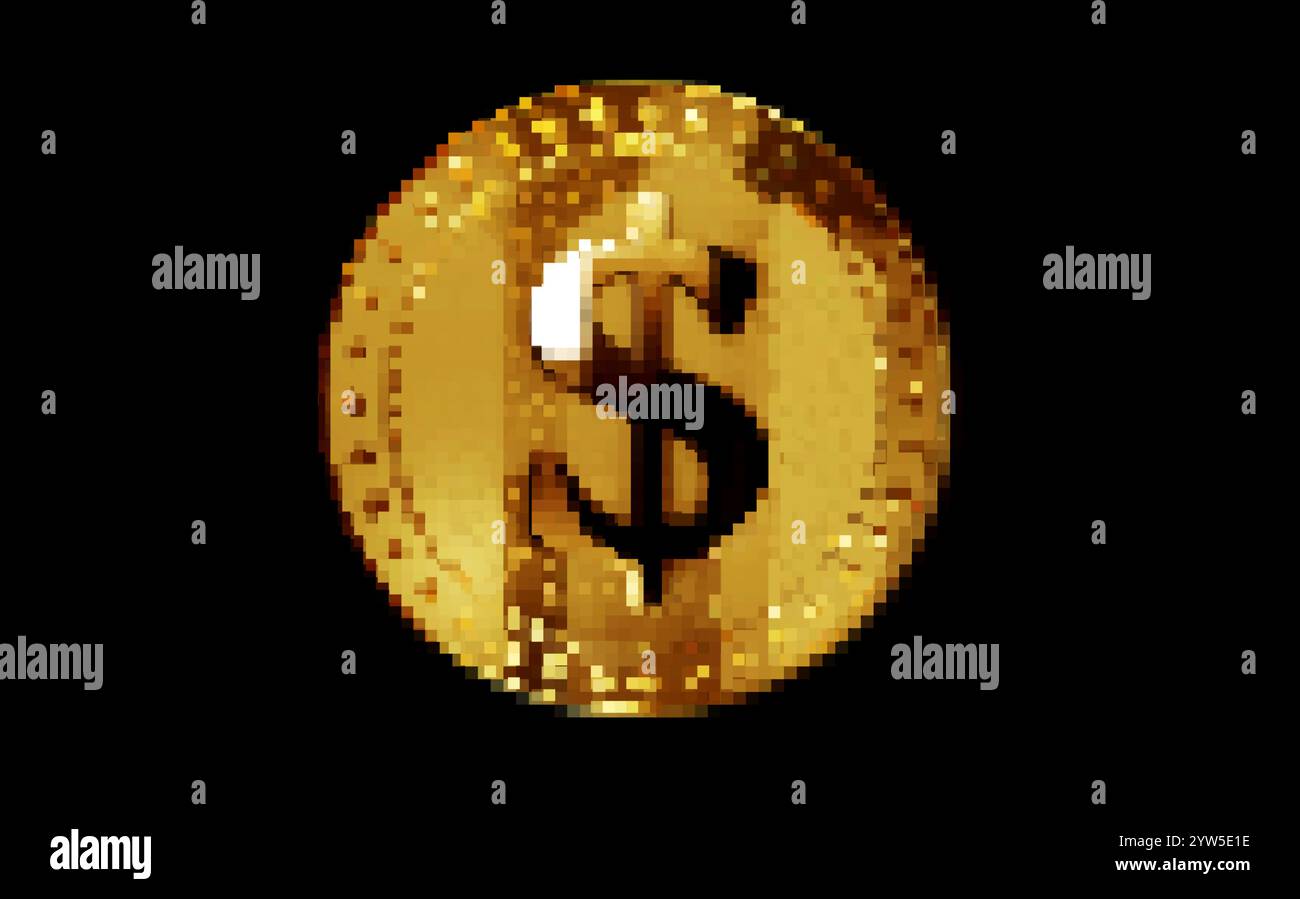 Dollar USD USA currency gold coin in retro pixel mosaic 80s style ...