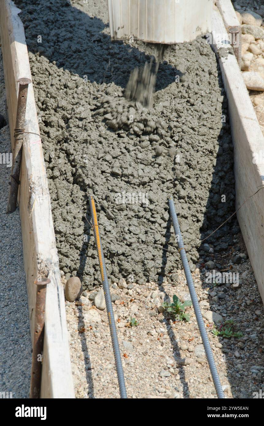 Wet concrete mixture is poured into forms and over rebar to create the foundation for a new ...