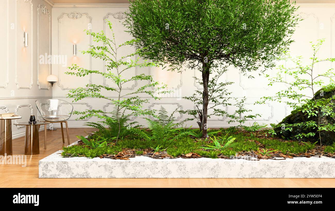 Modern interior with forest 3d render Stock Photo - Alamy