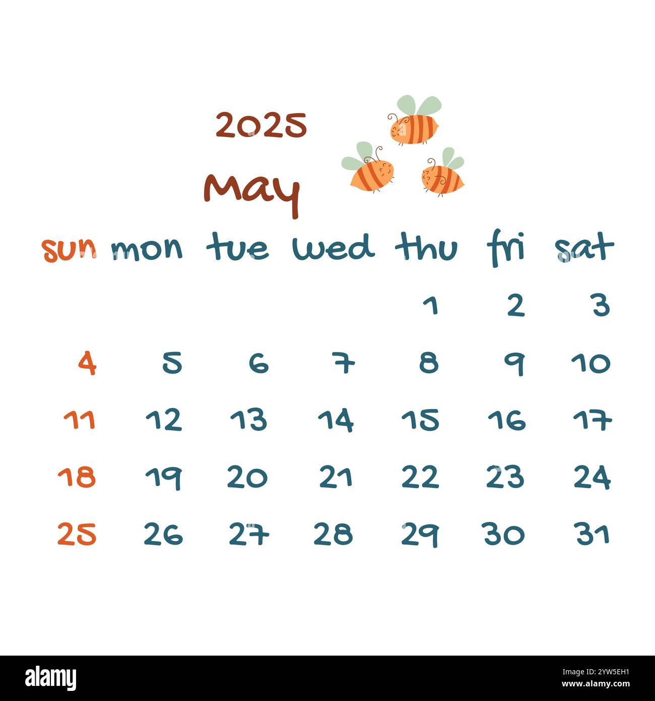2025 may calendar with three happy bees. Colorful modern calendar ...