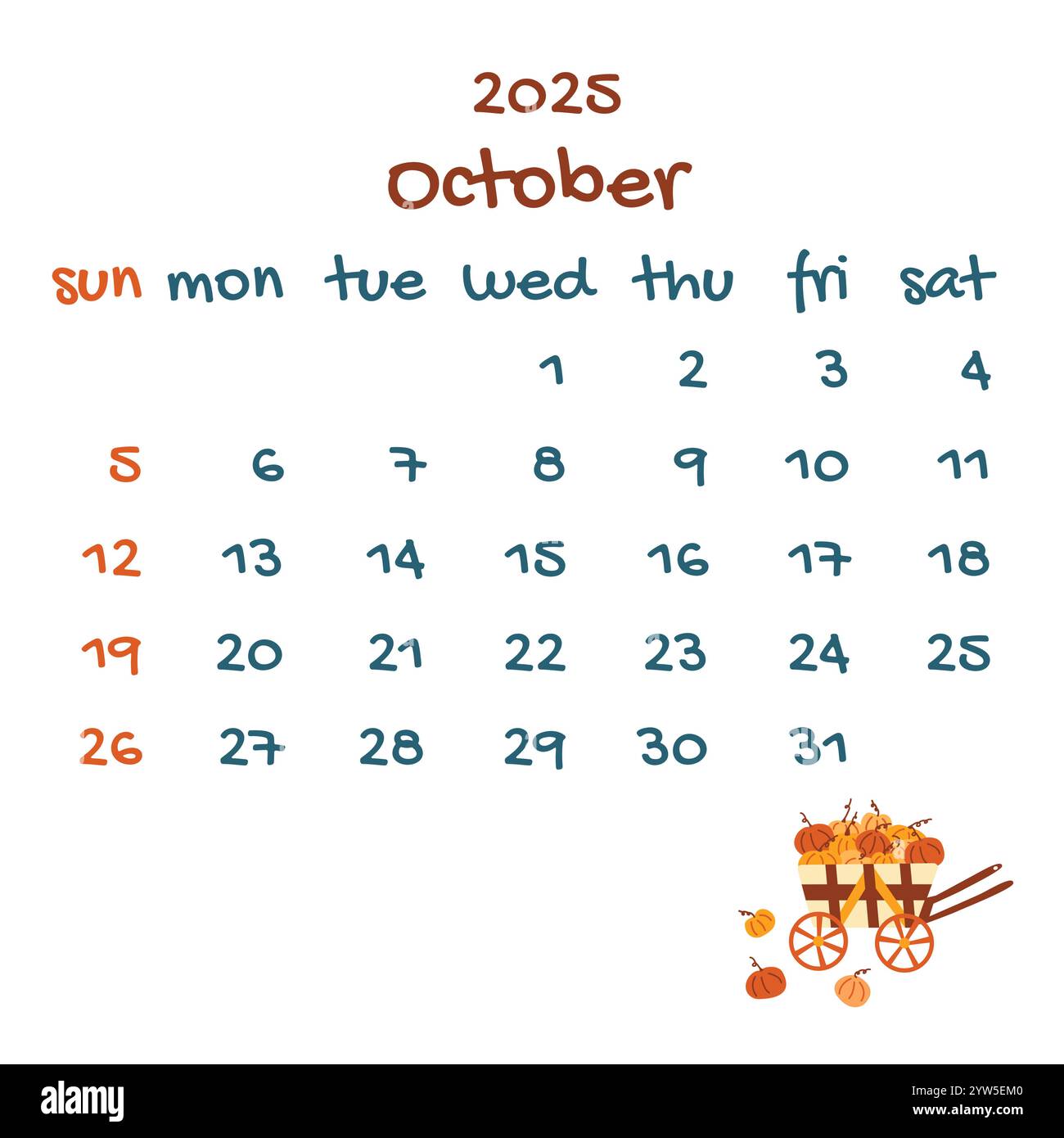 2025 october calendar with cart with pumpkins. Colorful modern calendar ...
