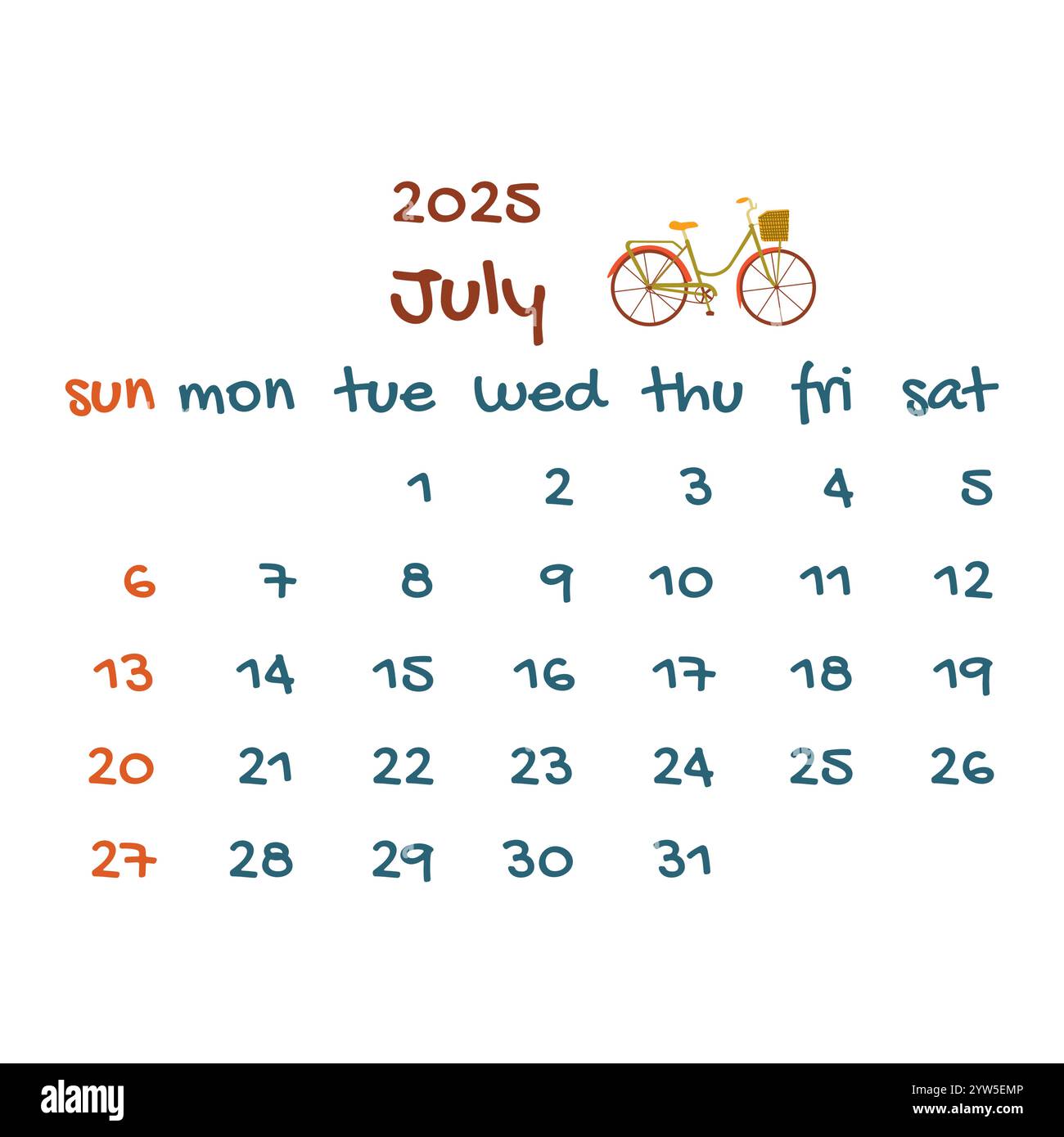 2025 july calendar with bicycle with basket. Colorful modern calendar ...