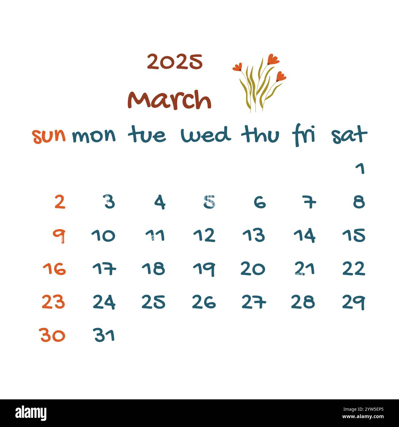 2025 march calendar with red flowers. Colorful modern calendar, monthly ...