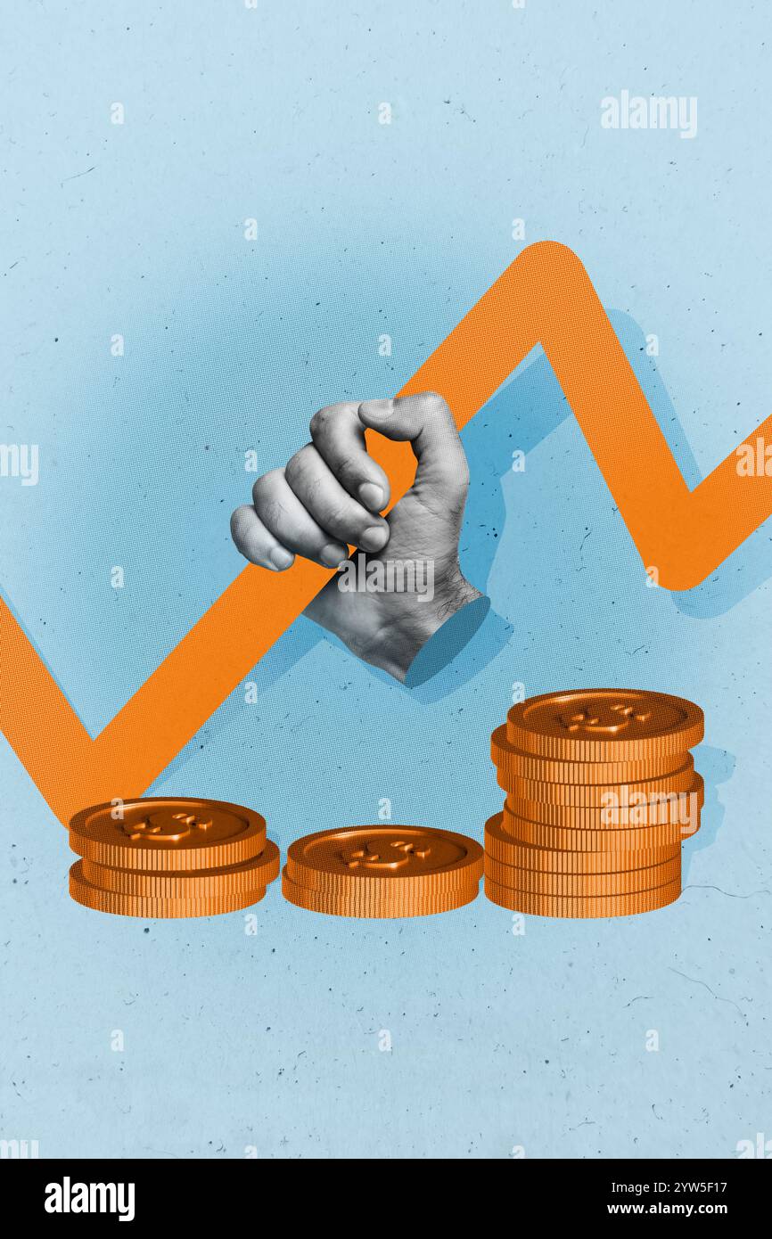 Trendy art creative vertical photo collage of hand hold graph money development growth stack ...