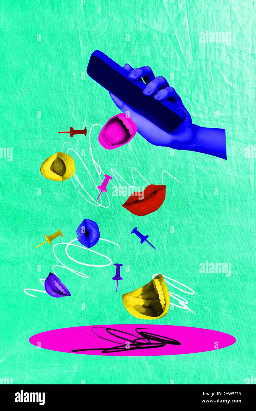 Vertical sketch 3d artwork collage poster of hand hold phone device ...