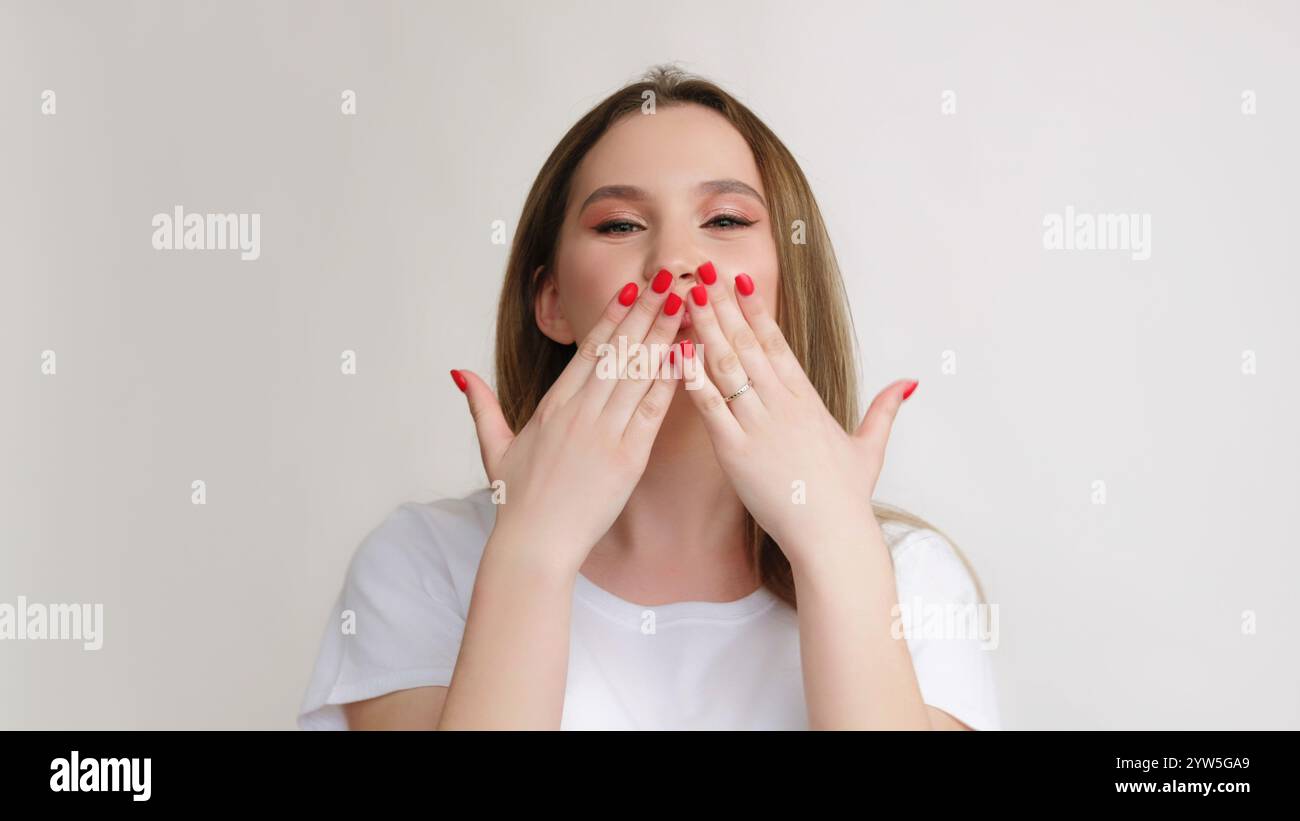 Air kiss. Love message. Compliments support affection. Pleased teen ...