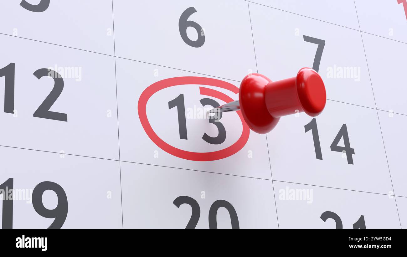 Red pin on marked calendar day 13, closeup view. Friday the 13th ...