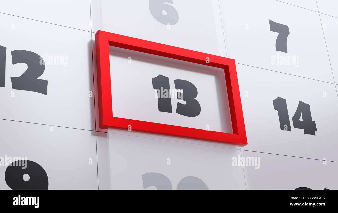 Red frame on marked calendar day 13, closeup view. Friday the 13th ...