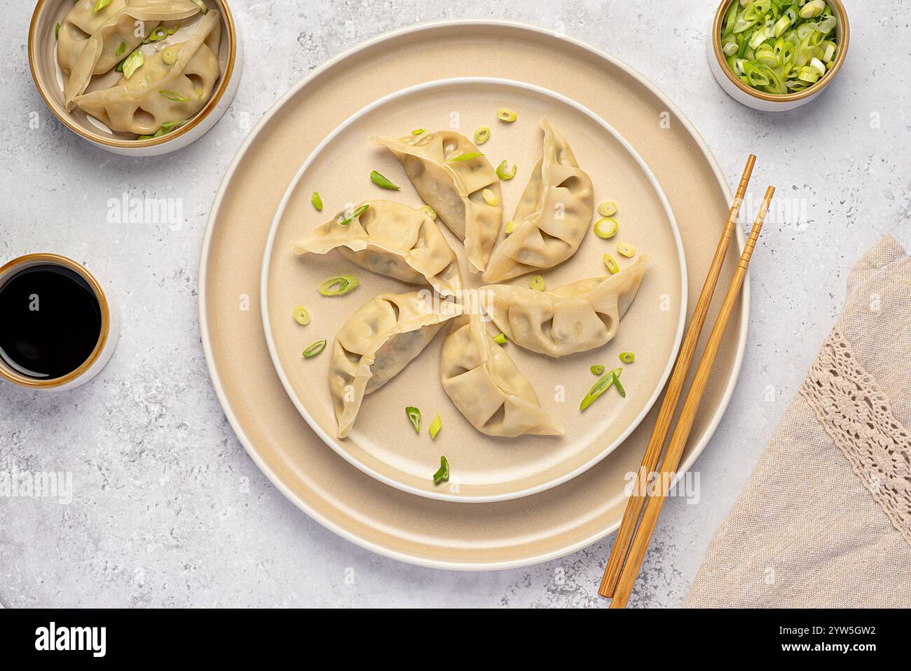 Food photography of vegetable gyoza dumplings, jiaozi, spring onion ...