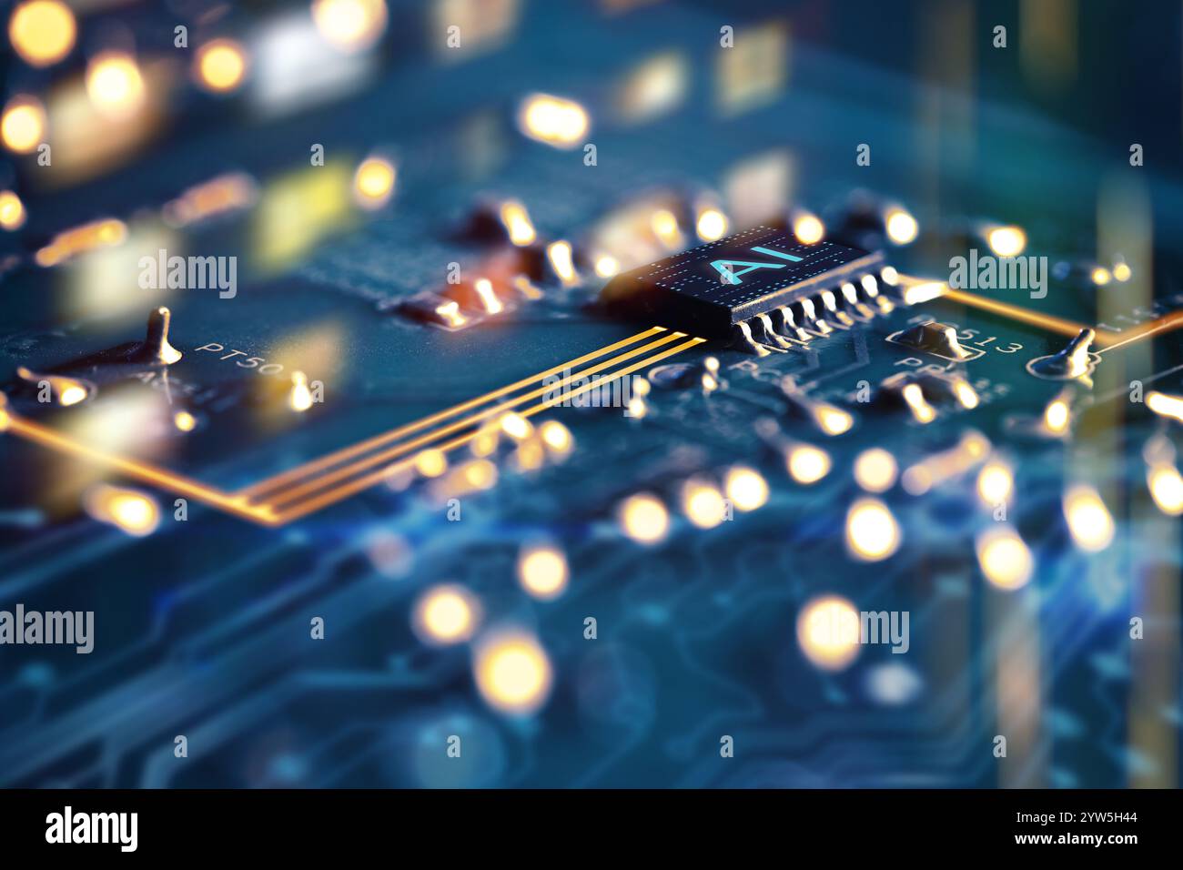 Artificial intelligence. Electronic chip with AI abbreviation on computer circuit board, closeup ...