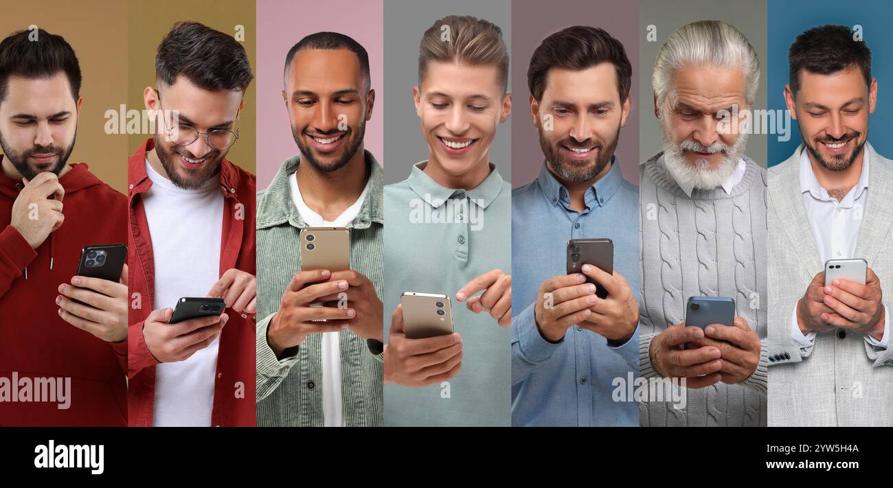 Men using mobile phones on different colors backgrounds. Collage of ...