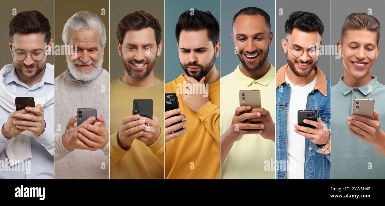 Men using mobile phones on different colors backgrounds. Collage of ...
