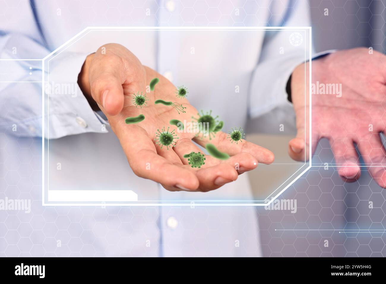 Man showing hand with microbes, closeup. Illustration of microorganisms ...