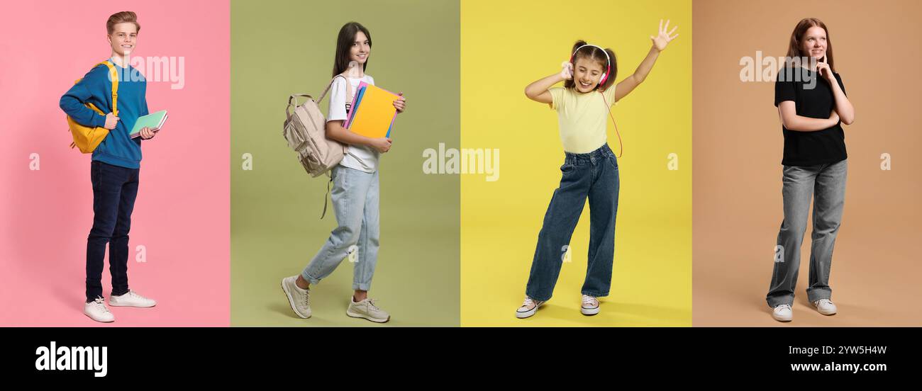 Teenagers on different colors backgrounds. Collage of portraits Stock ...