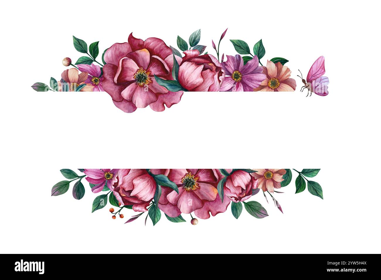 Rectangular frame with flowers and butterfly. Watercolor illustration ...