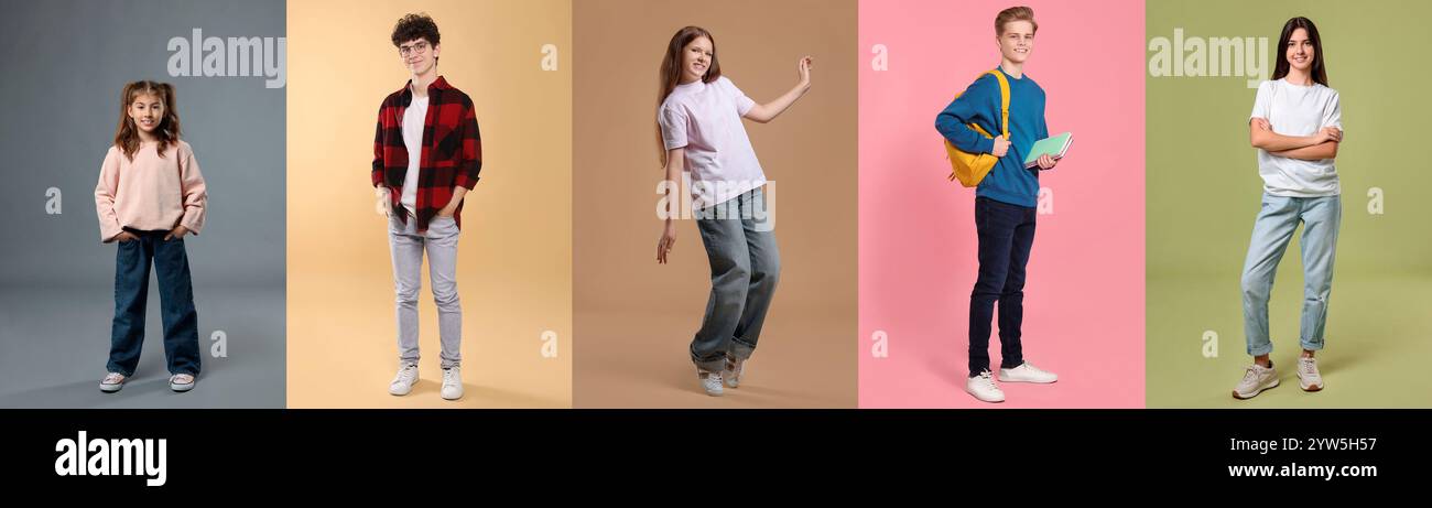 Teenagers on different colors backgrounds. Collage of portraits Stock ...