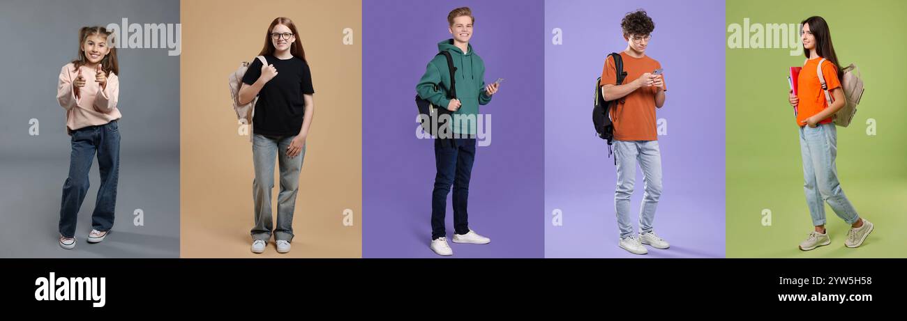 Teenagers on different colors backgrounds. Collage of portraits Stock ...