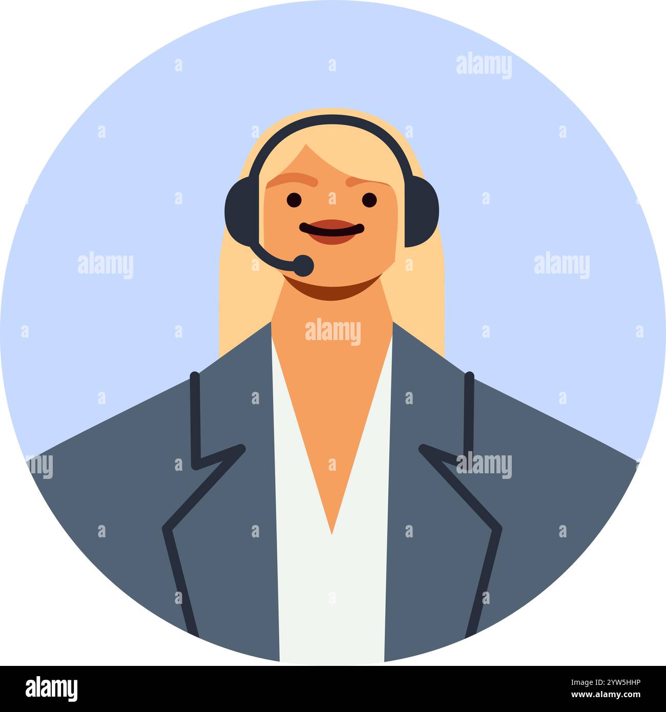 Blond female call center agent wearing a headset and smiling, providing ...