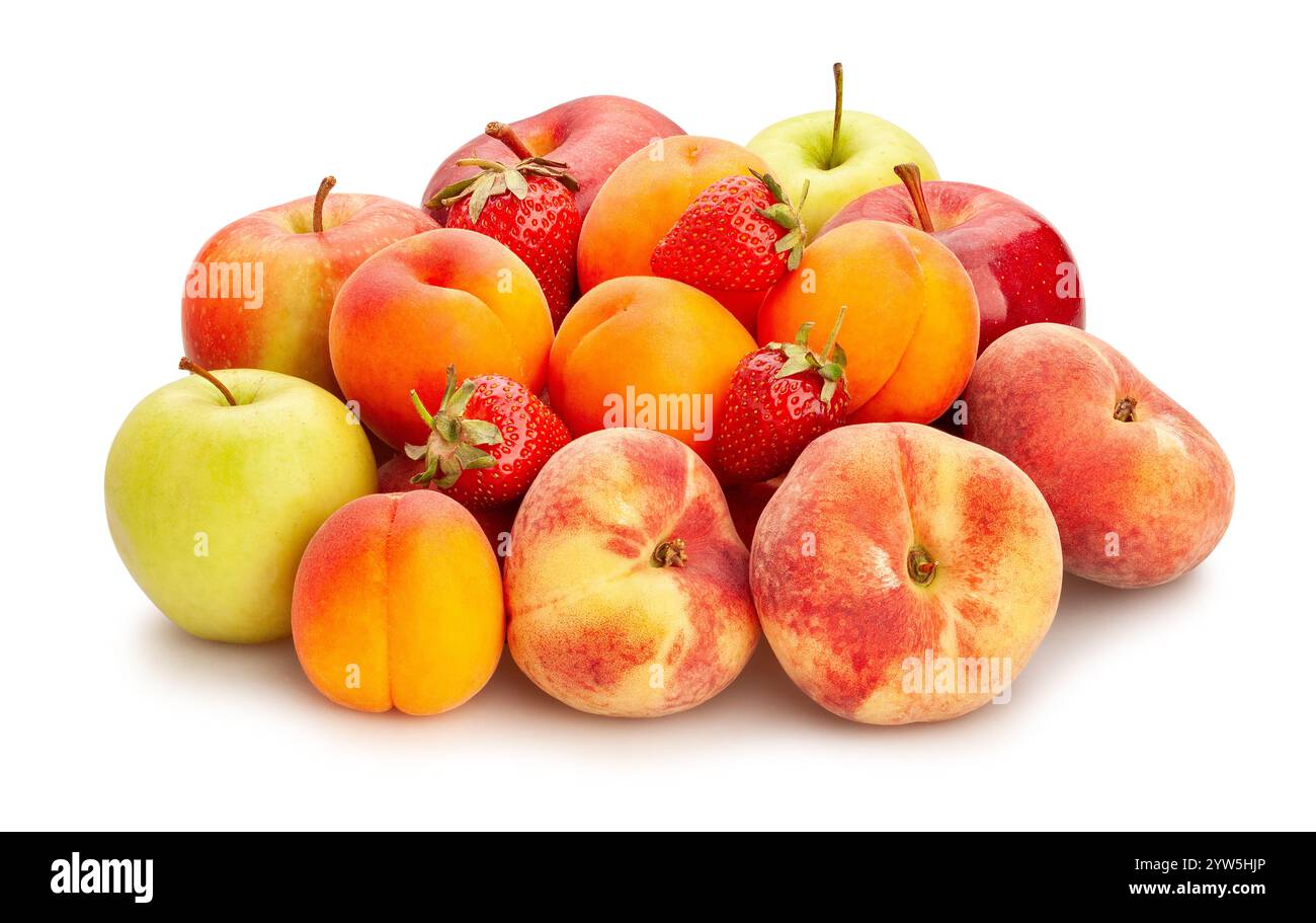 flat peach apricots strawberry apples path isolated on white top view ...