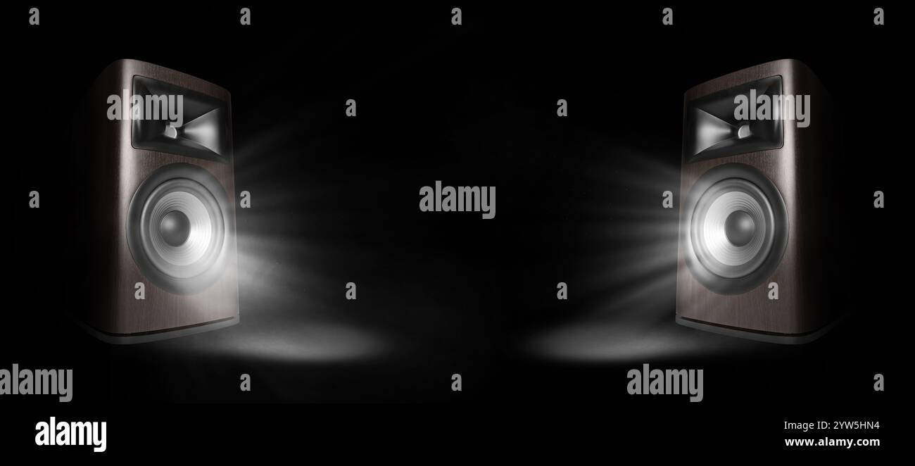 Light rays coming out of sound speakers on black background, banner ...