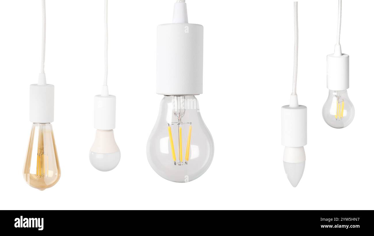 Different light bulbs hanging on white background. Banner design Stock ...