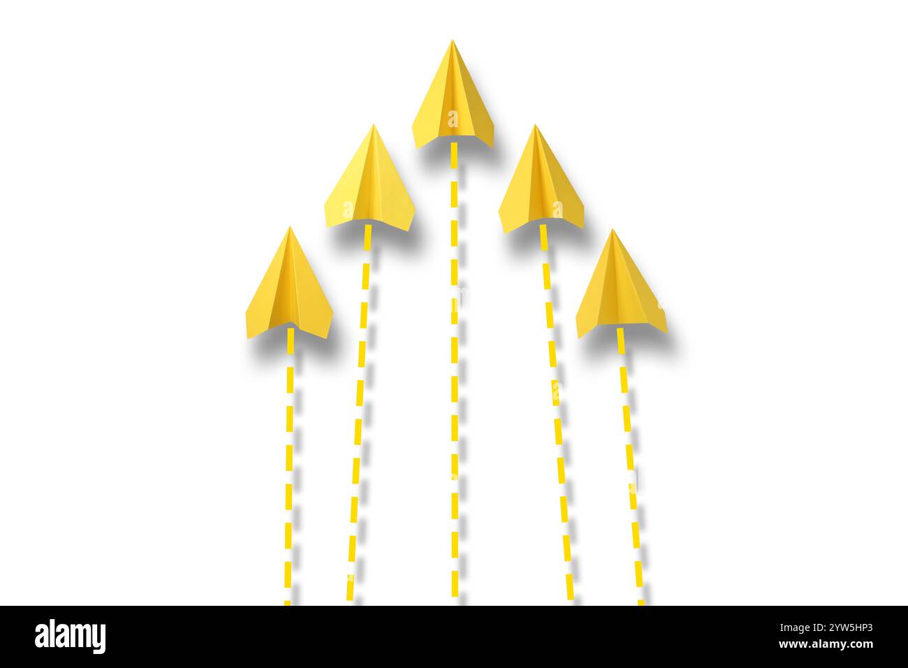 Yellow paper planes with flight paths on white background. Dashed lines ...