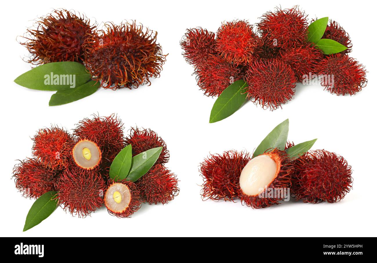 Fresh tropical rambutan fruits and green leaves isolated on white, set ...