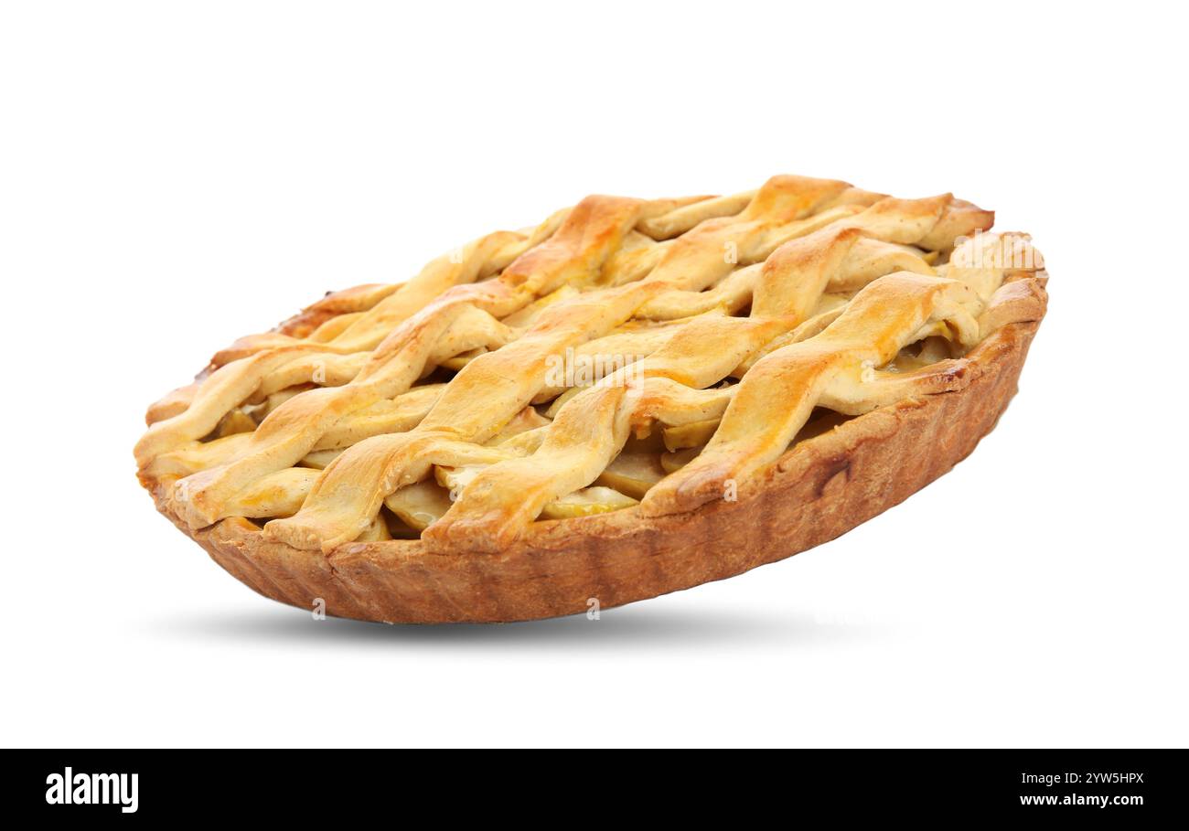 Delicious traditional apple pie in air on white background Stock Photo ...