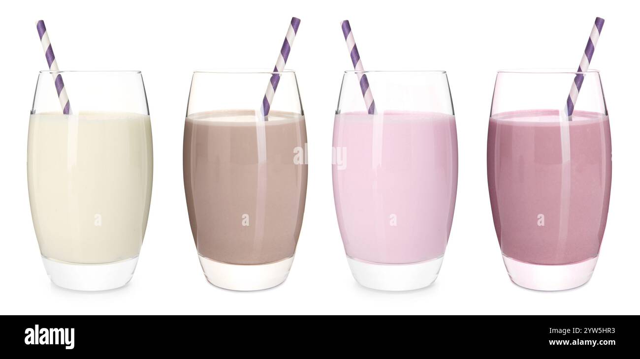 Protein shakes of different flavors in glasses isolated on white, set ...