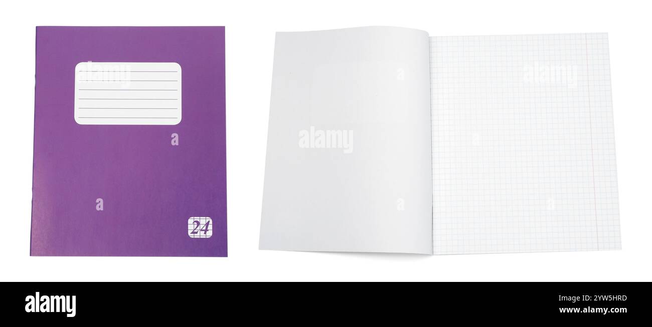 Open and closed notebook on white background. School stationery Stock ...