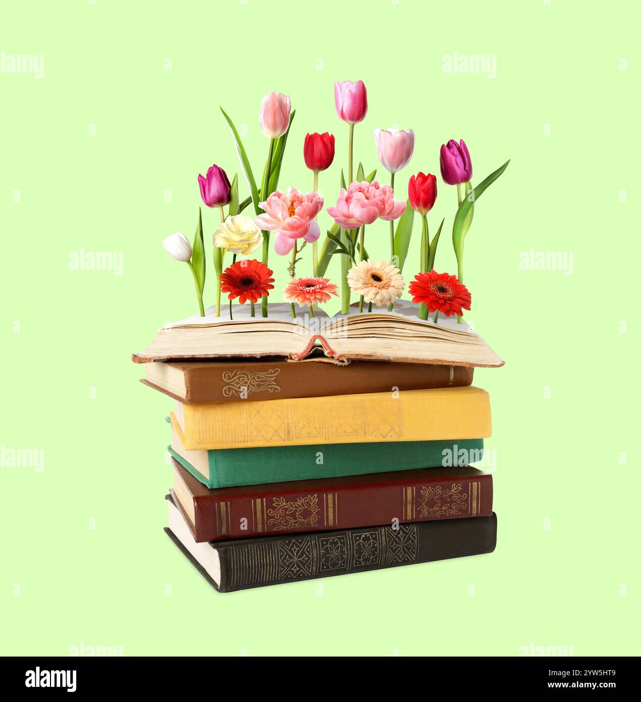 Stacked books and open one with beautiful flowers between pages on ...