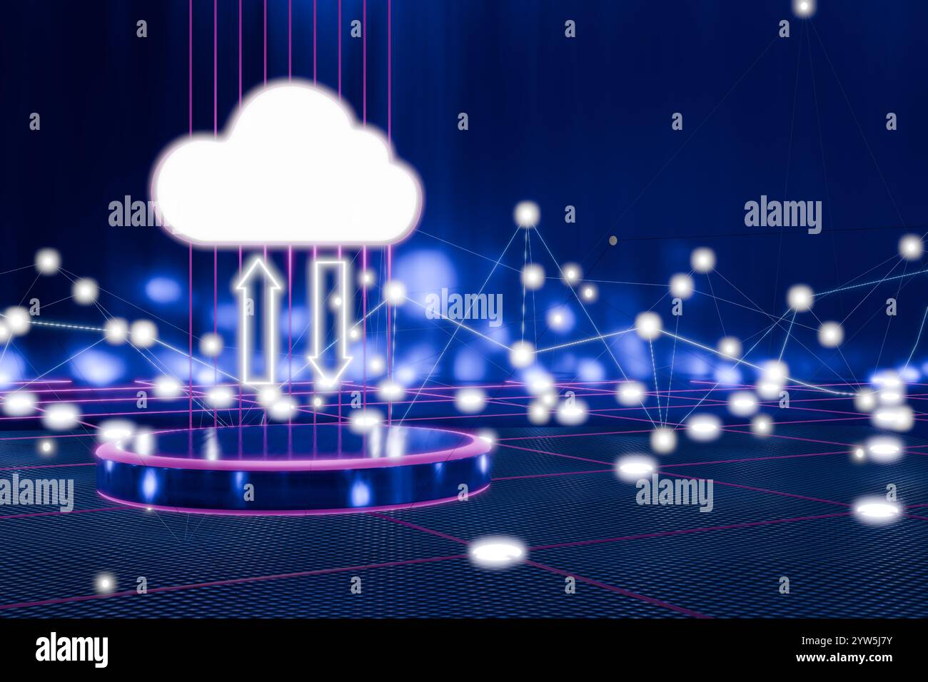 Digital cloud computing illustration with data connections and uploads, representing technology ...