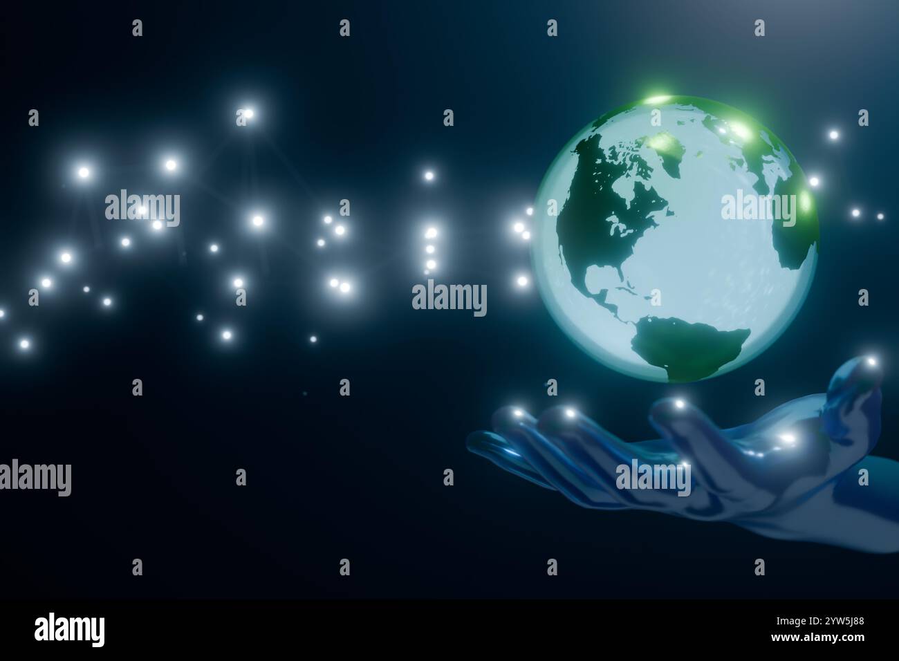 A glowing hand holds a sparkling Earth, symbolizing global unity and ...