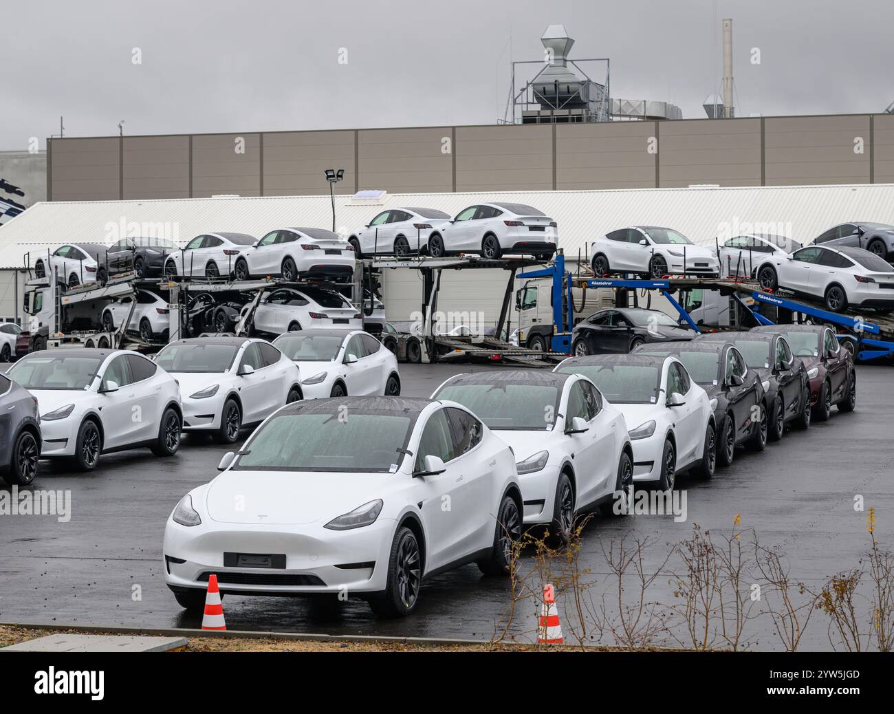 09 December 2024, Brandenburg, Grünheide: Car transporters are loaded ...