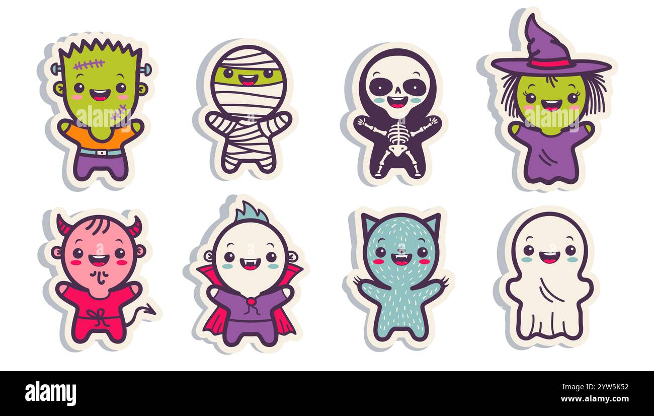 Vector set illustrationn of children in costumes for Halloween ...