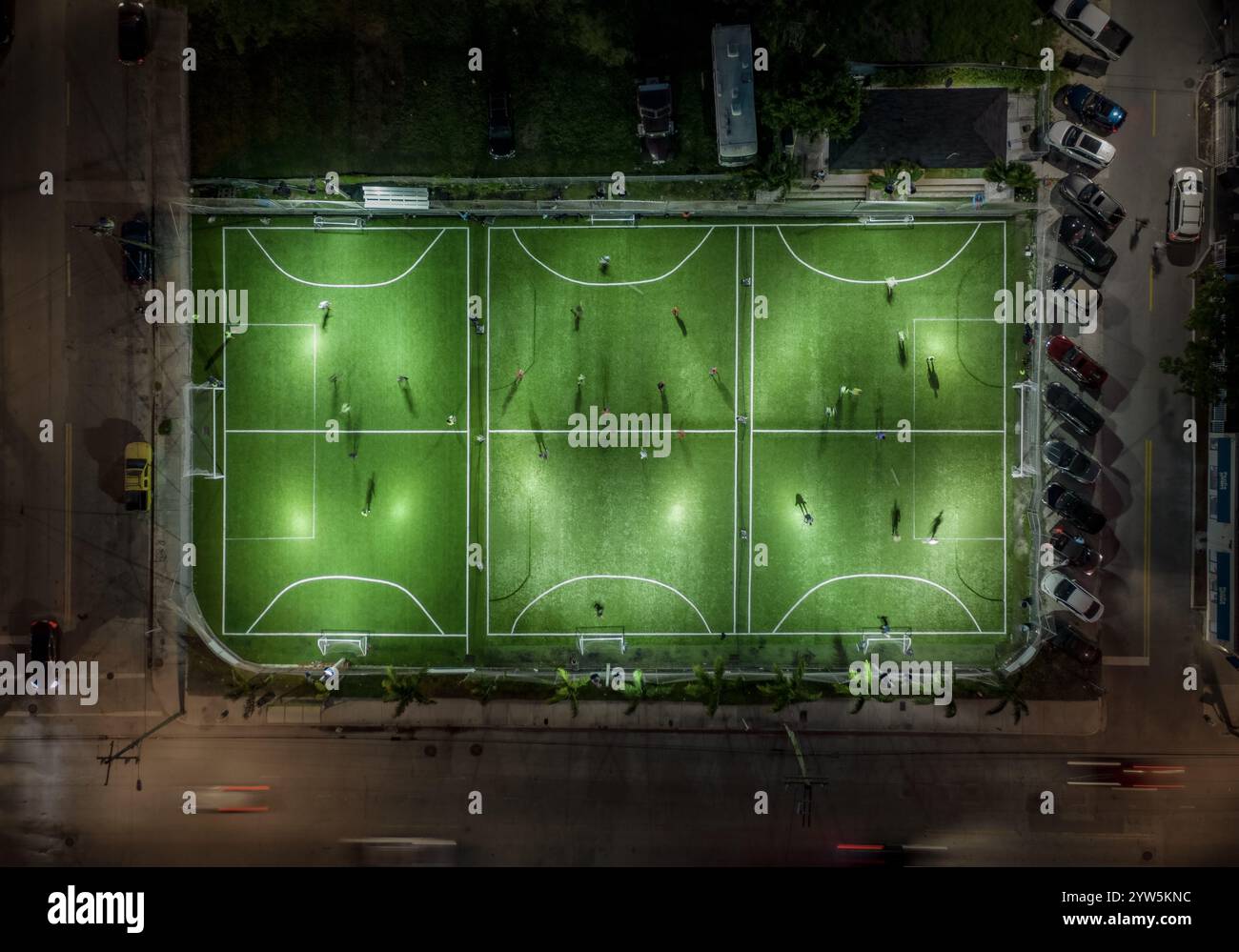 Aerial View, TopDown Drone Shot of Soccer Field at Night Stock Photo ...