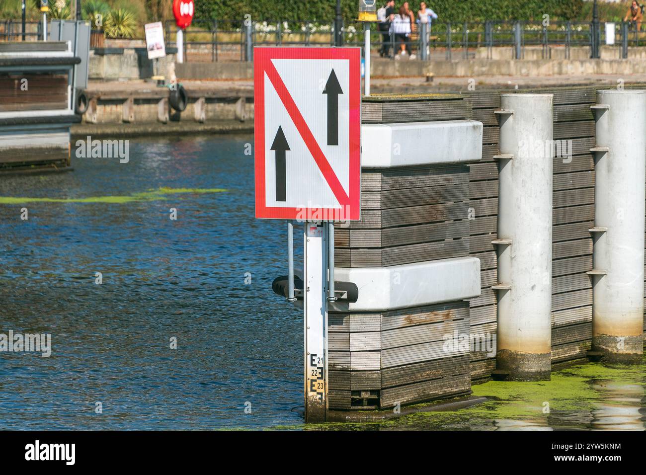 A navigation sign on an inland waterway regulates vessel traffic ...