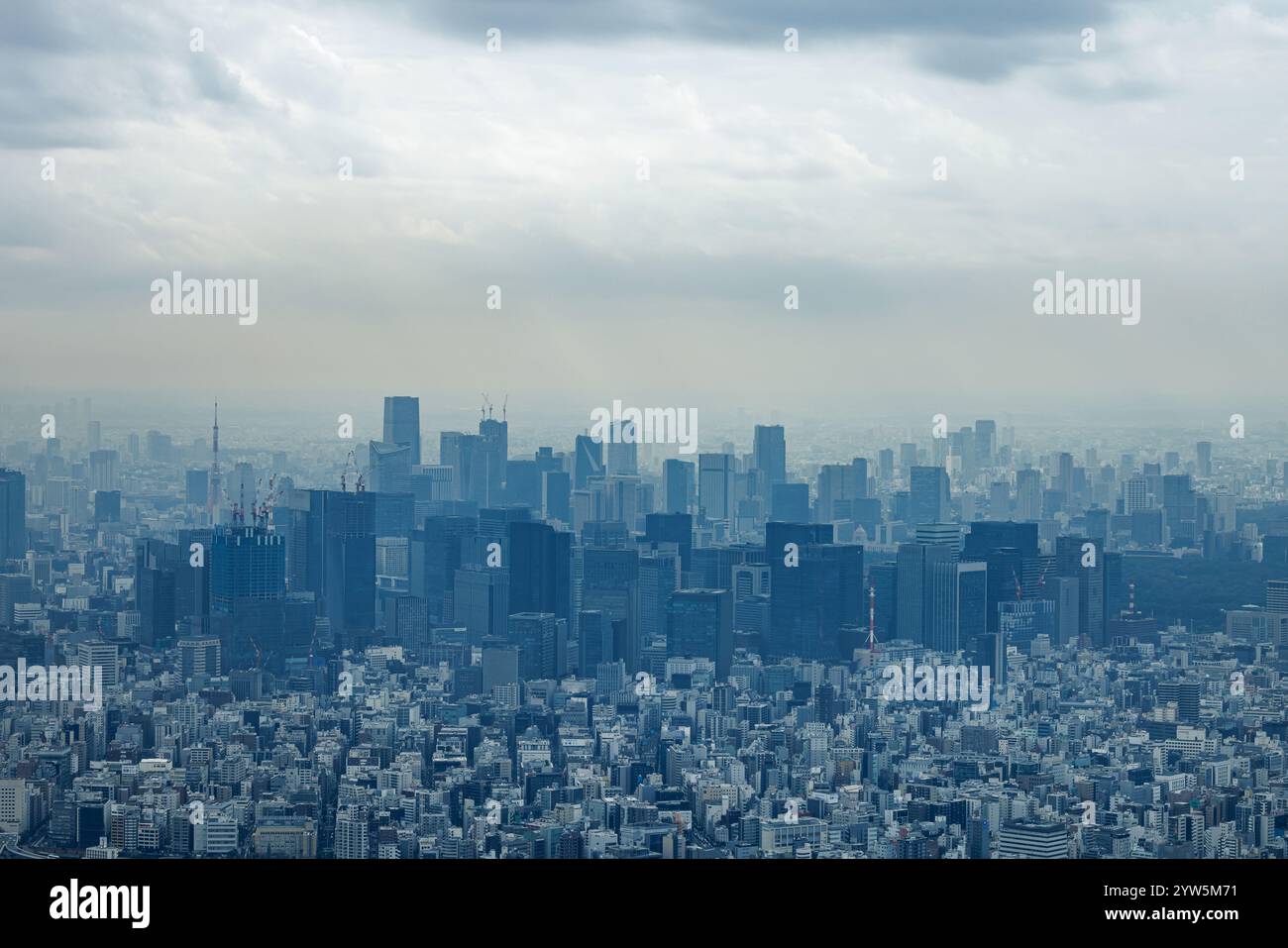 Bustling Tokyo city skyline in a layer of atmospheric haze, Skyscrapers ...